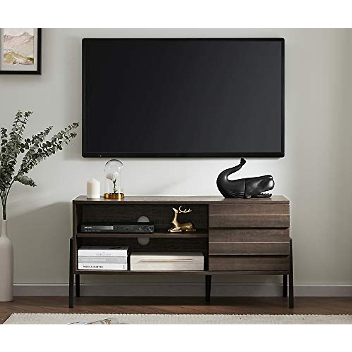 FITUEYES Mid-Century Modern TV Stand for TVs up to 55 Inch, Retro Media Console Table Entertainment Center with Cubby & Storage Cabinet, Television Stands for Living Room Bedroom, Espresso, 43 Inch