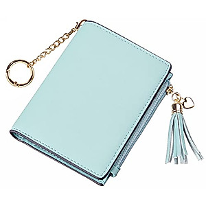 Gostwo Womens Small Bifold Slim Mini Wallet Purse with Tassel and Zippered Coin Pocket (Blue With Key Chain)