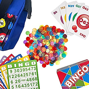 JUNWRROW Deluxe Bingo Game Set - Includes Blue Bingo Bag, Jumbo Calling Card Deck,50 Mixed Bingo Cards, 500 Colorful Chips with a Bag- Ideal for Large Groups, Parties