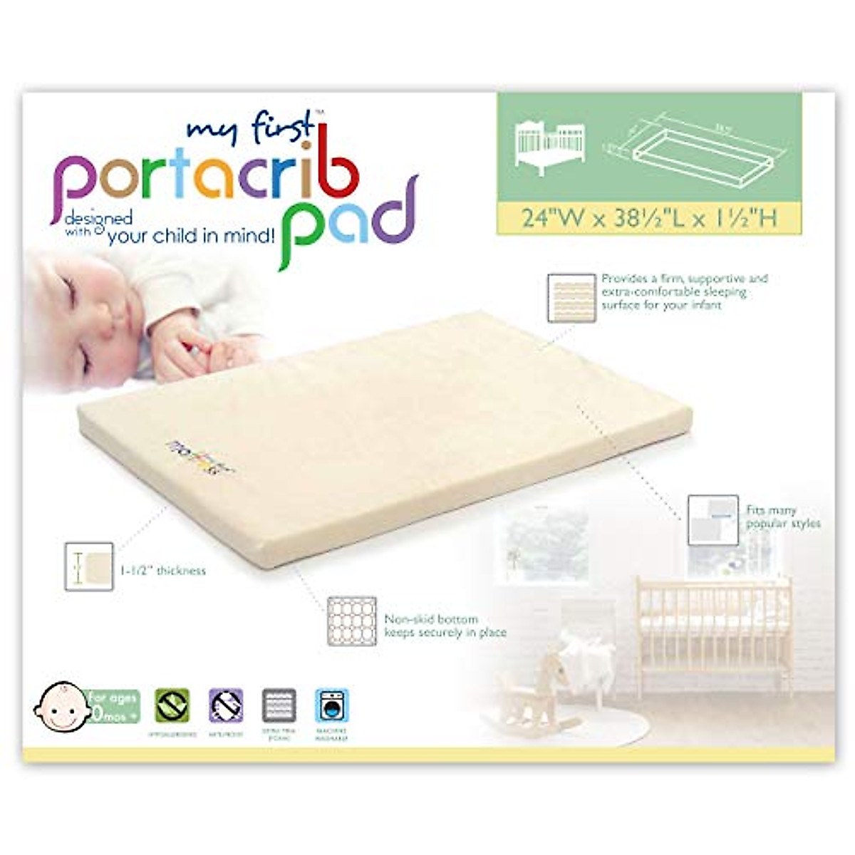 My First Pack N Play Mattress Pad or Mini Crib Pad, 38-1/2" x 24" x 1-1/2"