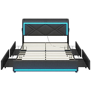 HAUOMS Queen Bed Frame with Stoarge Drawers and LED Lights, Upholstered Platform Bed with Type-C & USB Charging Station, LED Bed Frame Queen with Storage Headboard, No Box Spring Needed, Dark Grey