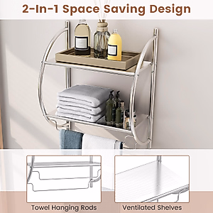 GOFLAME Wall Mounted Bathroom Shelf, 2-Tier Chrome Towel Rack with Leaky Design Shelves, Towel Bars, Chrome Bathroom Shelf for Living Room Kitchen Bathroom (1, Silver)