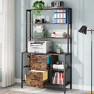 Tribesigns 2-Drawer File Cabinet for Letter Size, 6-Tier Vertical Filing Cabinet with Bookshelf Tall, Large Industrial Printer Stand with Open Storage Shelves for Home Office, Rustic Brown
