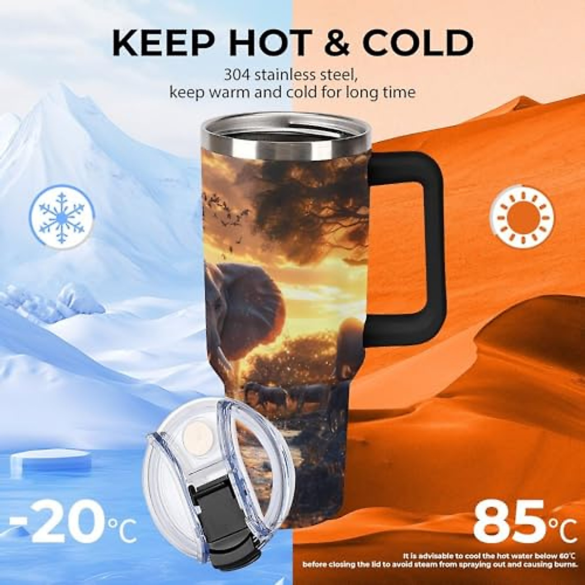 Elephants in Sunset Water Insulated Tumblers with Handle Stainless Steel Coffee Mug Funny Travel Cup with Lid Straw 40oz