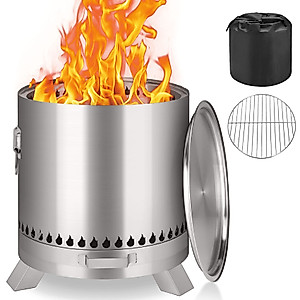 PNKKODW 15 Inch Smokeless Fire Pit Outdoor Wood Burning 304 Stainless Steel Fire Pit, Stove Bonfire Fire Pit with Ash Tray and Lid, Portable Fire Pit with Campfire Grill and Stand for Outside Camping