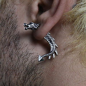 COCHARM 2PCS Ear Stud Fake Ear Gauges Burning Silver 3D Dragon Unique Style Fake Ear Gauge Earrings 18G Ear Gauges
