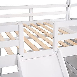 OYN Full Over Twin & Twin Floor Triple House Bunk Bed with Slide, Storage Staircase, Built-in Drawer and Shelf for Children Teens Boys and Girls ,Modren Bedroom Bedframe Furniture, White