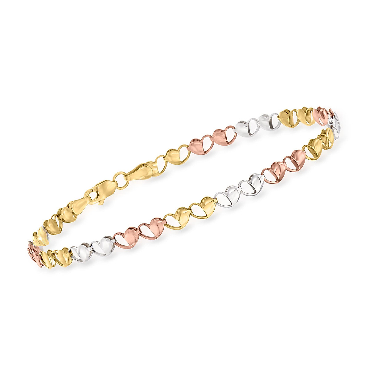 Ross-Simons 14kt Tri-Colored Gold Heart-Link Bracelet. 7 inches
