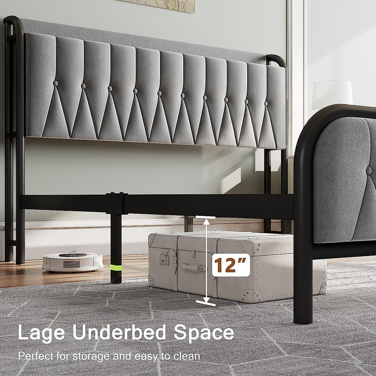 Einhomn Velvet Queen Bed Frame with Charging Station, Platform Bed with Upholstered Storage Headboard & Footboard, 12" Underbed Space, Noise-Free, Easy Assembly, No Box Spring Needed, Light Gray