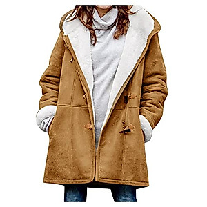 Women'S Winter Coats Sherpa Cardigan Jacket With Hooded Plus Size Fluffy Fleece Outdoor Outerwear Fashion Horn Button Down Warm Fall Outfits Chaquetas De Invierno Para Mujer(B Brown,Small)