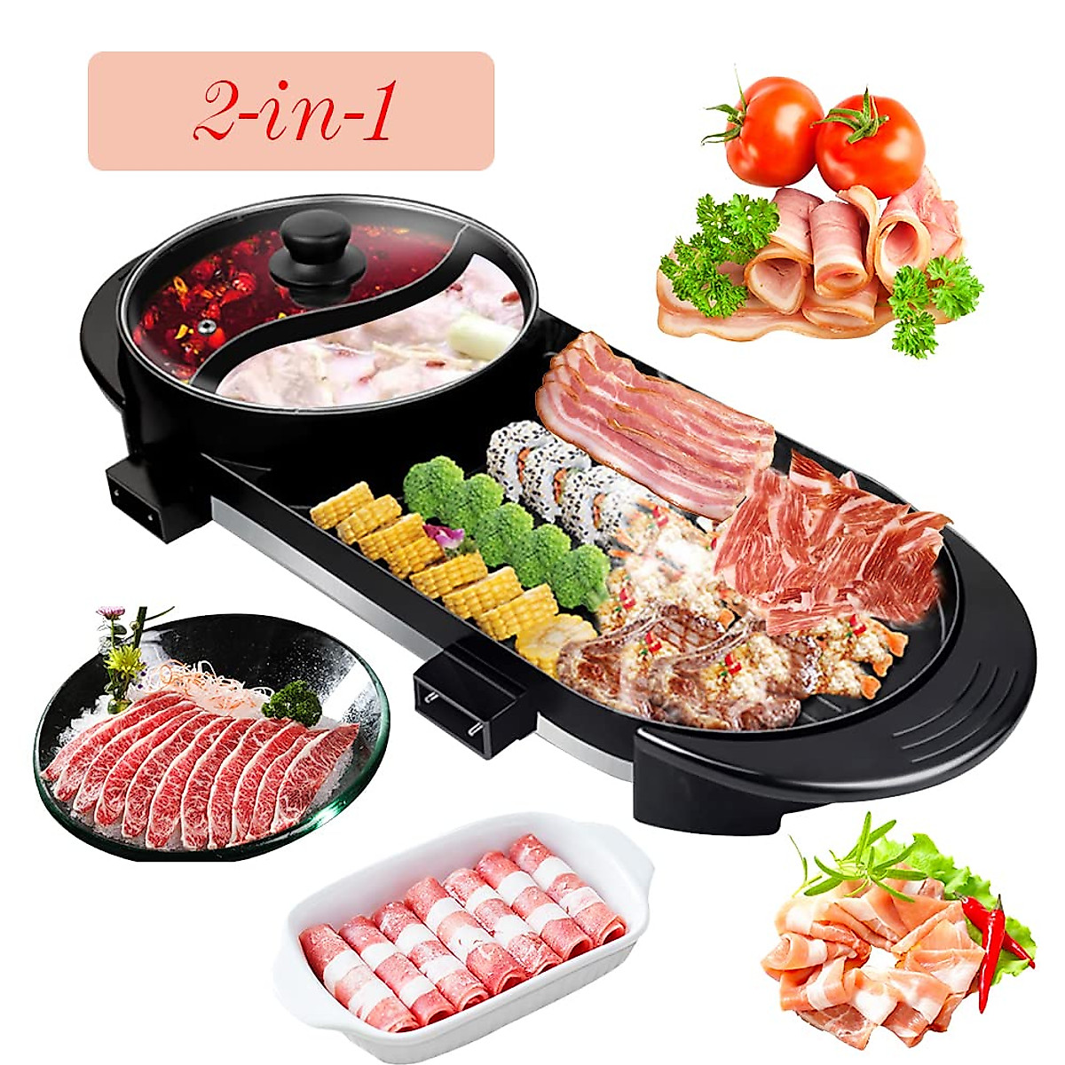 Electric Grill Hot Pot 2 in 1, Indoor Smokeless Grill Teppanyaki Grill w/ Non Stick Pan Shabu Shabu with Black