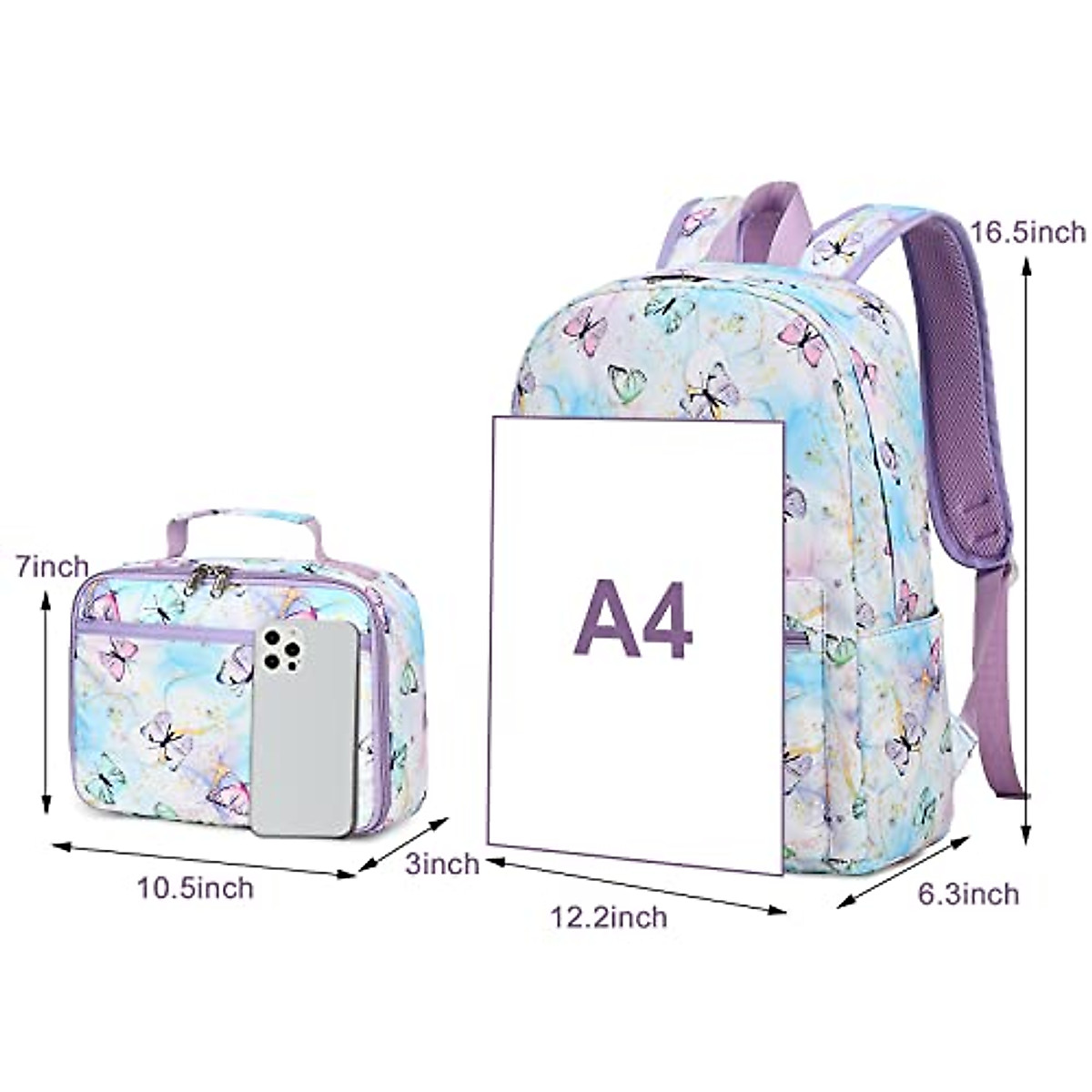 Kids Backpack for Girls Butterfly Preschool Bookbag with Lunch Box Kindergarten School Bag Set for Young Elementary Students (purple)