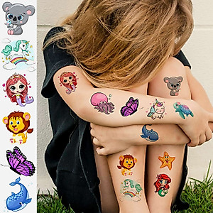 Rejaski 50 PCS Cute Animals ZOO Kids Temporary Tattoos For Girls Butterfly Mermaid Unicorn, 3D Cartoon Fake Tattoos For Child Toddler Boys Teen, Fun Small Tatoo Party Favor Sets Supplies Decoration