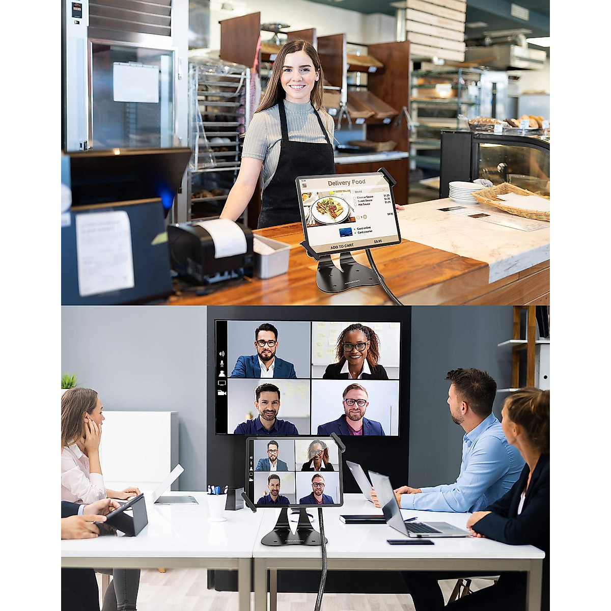 AboveTEK Anti-Theft iPad Stand, Universal Security POS Tablet Stand, Diagonally-Oriented iPad Locking Mount for 7-13 inch iPad, Galaxy with Security Cord and Key, 360° Swivel for Business and Retail