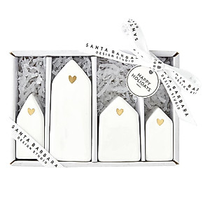 Santa Barbara Design Studio Holiday Shelf Décor Christmas Village Collection Ceramic Houses, Set of 4, White & Gold