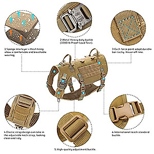 Forestpaw Tactical Dog Vest Harness and Easy Control Training Dog Collar with Bungee Dog Leash Set No Pull Military Dog Harness with Backpack for Medium Large Dogs-Coyote Brown L