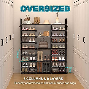 RIRPUAE 9-Tier Shoe Rack Storage Organizer, Shoe Shelf for Holds 50-55 Pairs Large Shose Stand with Adjustable Side Hooks for Entryway and Hallway