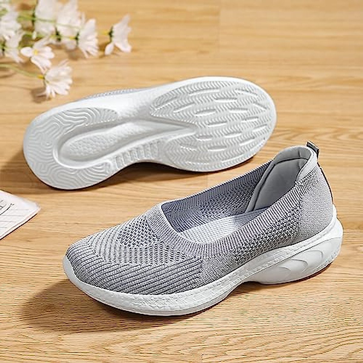 Davinteen Women's Slip On Walking Shoes Loafers - Breathable Mesh Lightweight Comfortable Sneakers (8022-Grey-42)