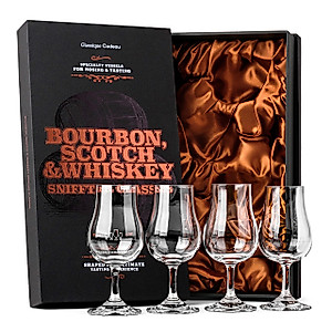 Whiskey, Scotch, Bourbon Tasting Glasses | Set of 4 Crystal Snifters | Professional 4 oz Tulip Shaped Nosing Copitas with Short Stem | Small Stemmed Gift Sniffers for Sipping Neat Liquor