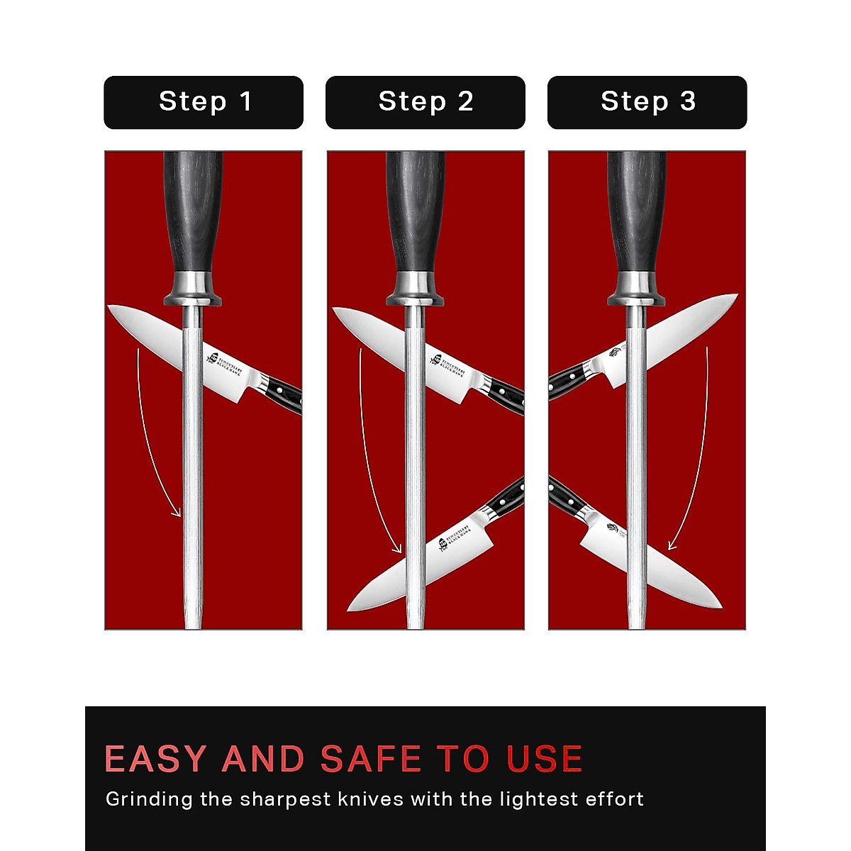 TUO Knife Sharpening Kit Honing Steel 8 Inch Knife Sharpeners,Kitchen Knives Sharpener Steel Honing Rod, German X50CrMoV15 Steel with Full Tang Pakkawood Handle, BLACK HAWK SERIES