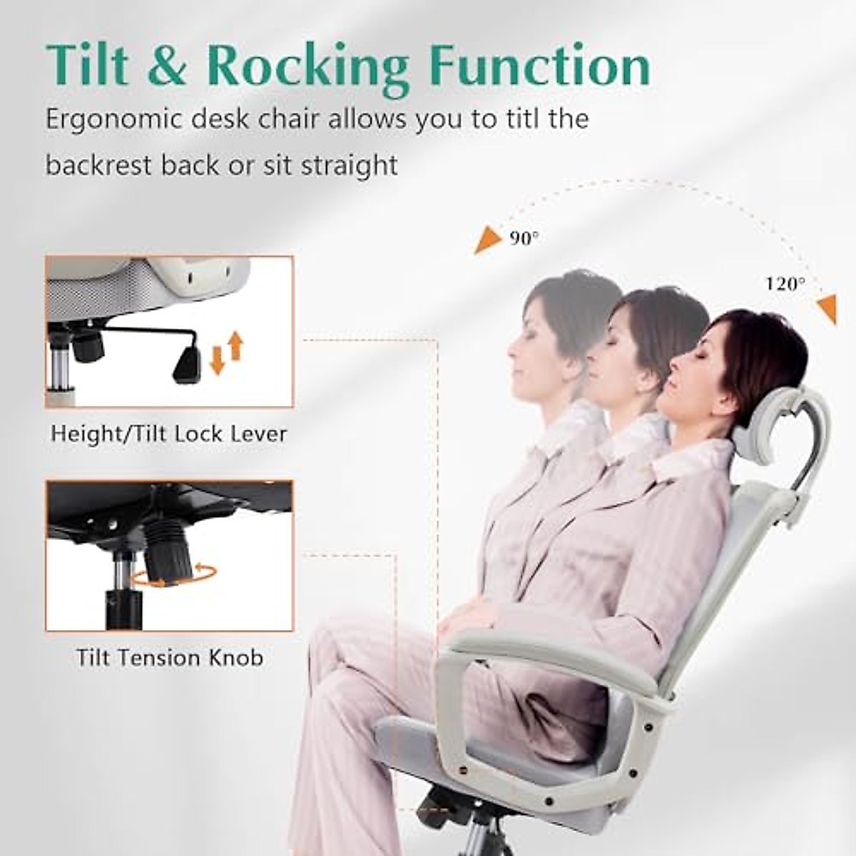 NEWBULIG Home Office Desk Ergonomic Mesh High Back Computer Height Adjustable Swivel Task Chair with Headrest and Flip-up Armrests, Grey, 16.5" D x 21" W x 47" H