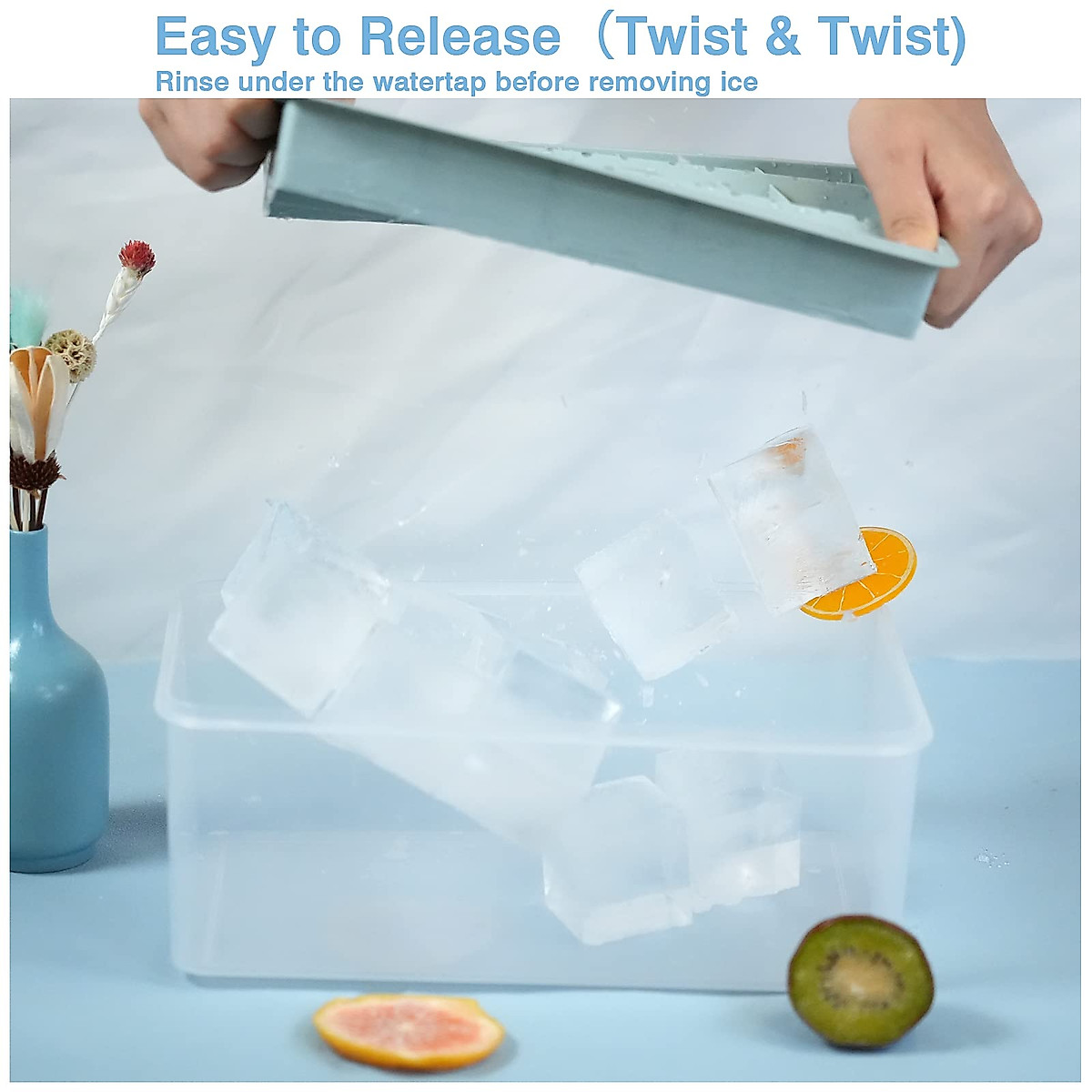 WIBIMEN Large Ice Cube Tray, Whiskey Ice Mold with Bin & Tong Square Ice Cube Mold, Leakproof Large Ice Cube Molds for Cocktails Whiskey Bourbon Scotch-Easy Fill & Transfer & Remove(Blue)