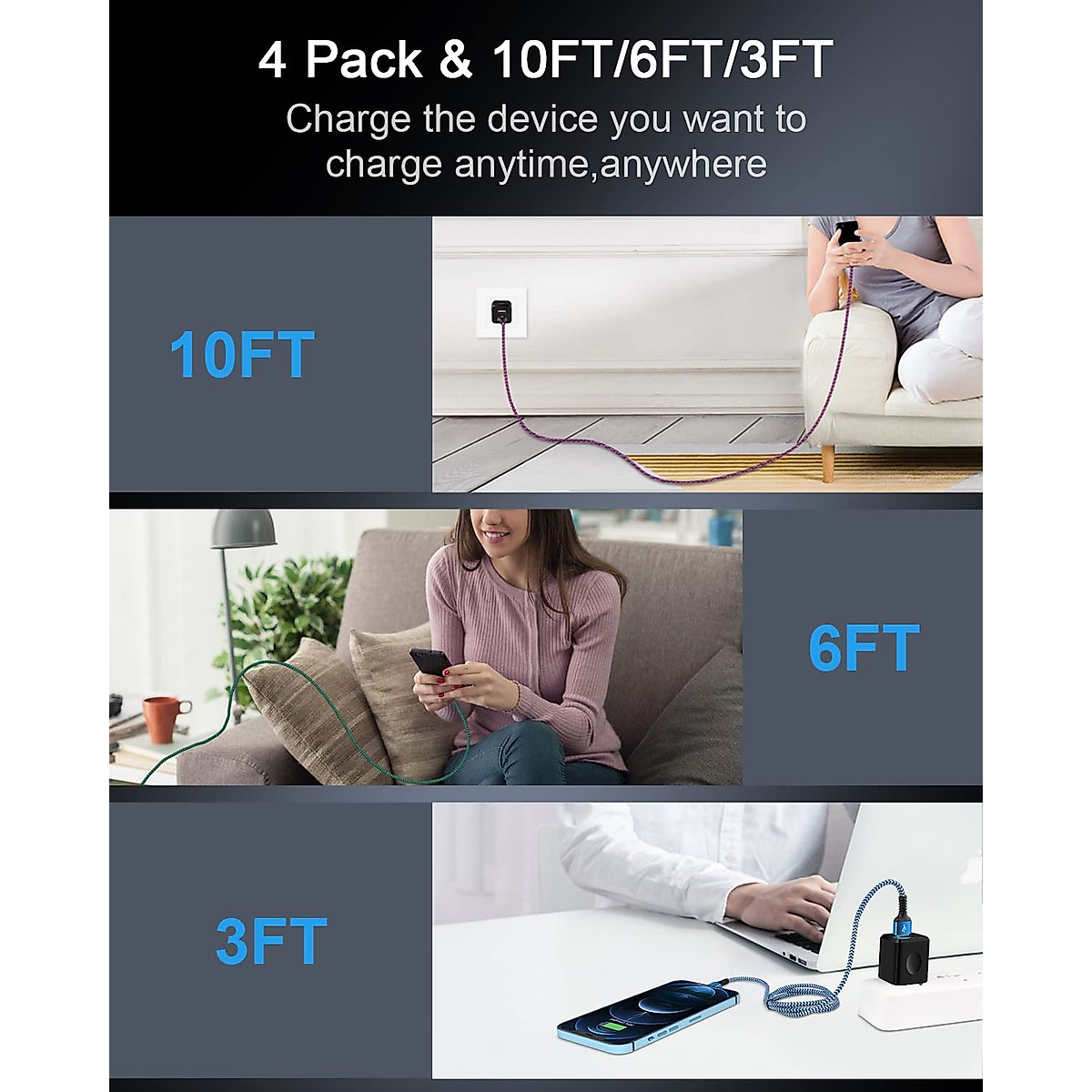 [3ft/4-Pack]iPhone Charger, Nylon Braided USB A to Lightning Cable, Apple Fast Charging Cords Compatible with iPhone 14/14 Pro Max/13/13 Pro/13 Mini/12/12 Mini/11/11 Pro/11 Pro Max/8 Plus/8/7 Plus/XR