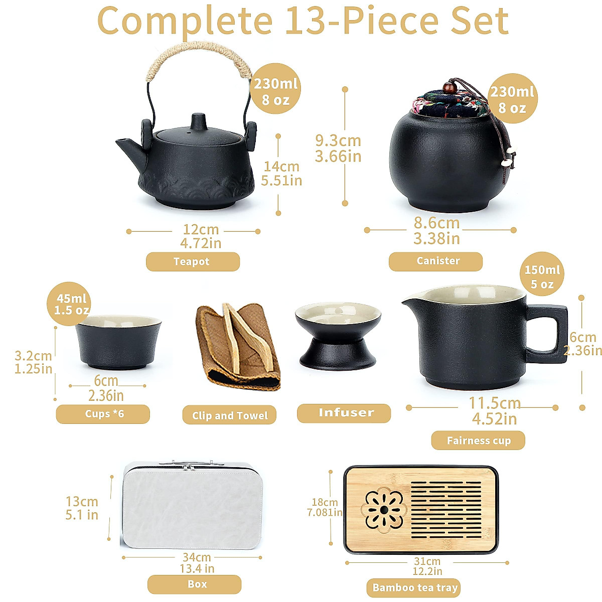 ICHAG Asian tea set |Kungfu tea sets |Ceramic Portable tea set |tea sets for adult |13-piece withgrey leather case |Tea set gift for Home, Outdoor, Business (Ceramic-Black teaset)