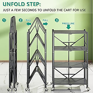 4-tier Storage Shelves for Storage,foldable Collapsible Metal Shelving with Rotational Wheels, Standing Storage Unit Utility Shelf Racks Rolling Cart for Laundry Bathroom Kitchen Pantry Closet, Grey