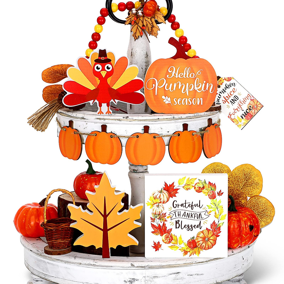 10-Piece Fall Tiered Tray Decor - Rustic Farmhouse Tray Decor with Pumpkin Wooden Signs, Turkey Table Centerpieces, Wood Bead Garland, Harvest Wood Blocks for Thanksgiving & Home Wall/Door (Pumpkin)