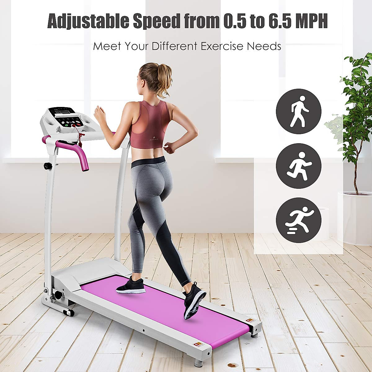 Goplus 800W Folding Treadmill Electric Motorized Power Fitness Running Machine with LED Display and Mobile Phone Holder Perfect for Home Use (Pink)