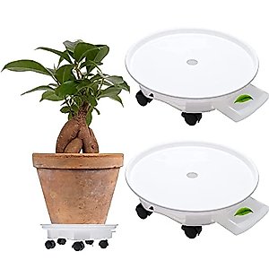 Finderomend Pair of 17.7" Extra-Large Plant Caddies, Plant Stand with 5 Wheels, Round Flower Pot Mover Plant Saucer Pot with Water Container,Rolling Dolly Garden Large Rolling Tray (White)