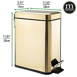 mDesign Small Modern 1.3 Gallon Rectangle Metal Lidded Step Trash Can, Compact Garbage Bin with Removable Liner Bucket and Handle for Bathroom, Kitchen, Craft Room, Office, Garage - Soft Brass