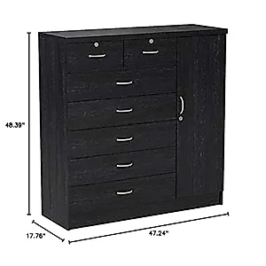 Hodedah 7 Drawer Jumbo Chest, Five Large Drawers, Two Smaller Drawers with Two Lock, Hanging Rod, and Three Shelves | Black