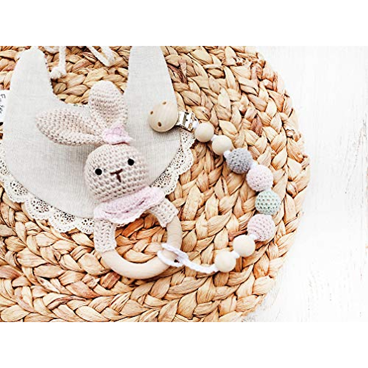 Natural Crochet Teether Toy Rattle for Baby Forest Friends Handmade Amigurumi Crochet Bunny Deer Fox on Natural Wooden Teething Ring Rattle Natural Baby Toys (Girl Bunny)