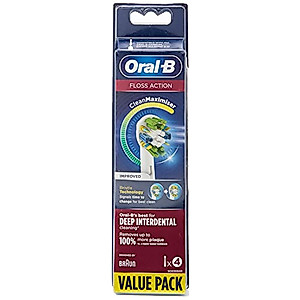 Oral-B Floss Action Electric Toothbrush Head with CleanMaximiser Technology, Angled Bristles for Deeper Plaque Removal, Pack of 4, Green, White, Yellow