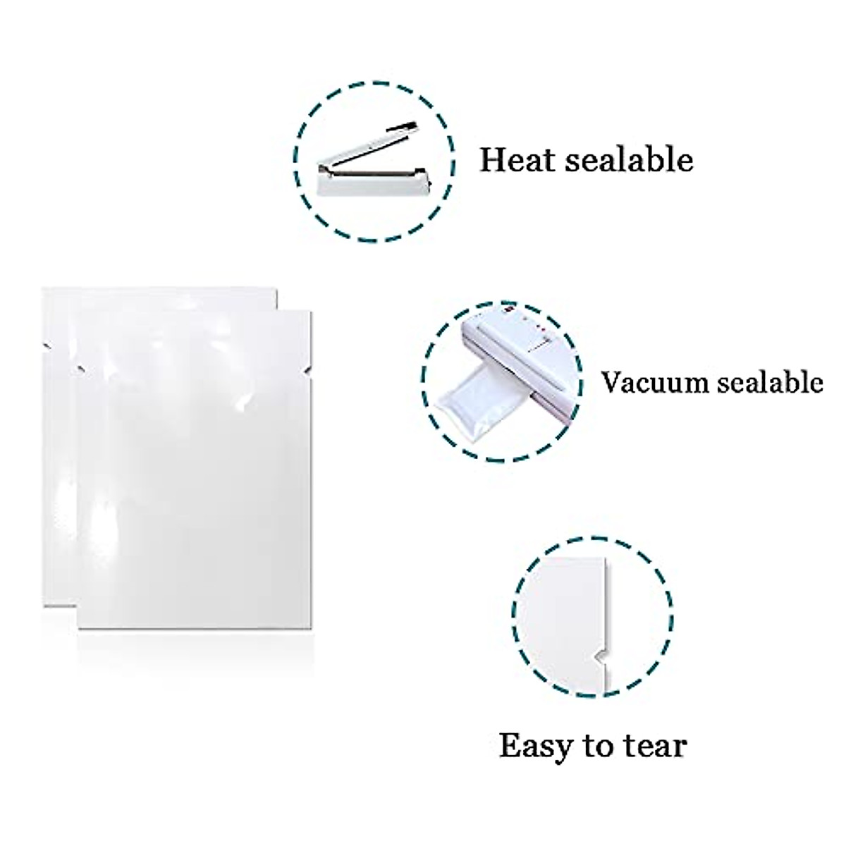 200 Pieces White Metallic Mylar Foil Open Top Sealable Bags 2.4x3.5 inch Vacuum Heat Seal Pouches for Food Storage Packaging with Tear Notches