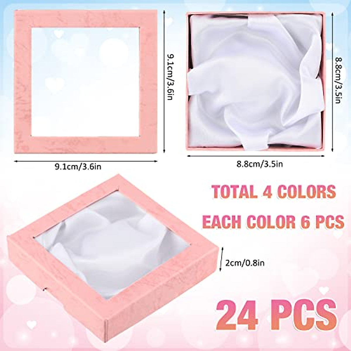 Tuanse 24 Pcs Square Cardboard Jewelry Gift Box 3.5 x 3.5 x 0.8 inches Jewelry Boxes Bulk with Clear Lid for Bracelet Packaging Boxes Earring Ring Necklace Pendant Jewelry Display Storage, 4 Colors