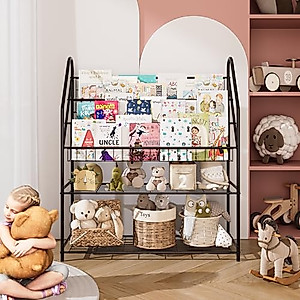 Emiosmt Black Bookcase for Children Metal Kids Bookshelves Modern Minimalist Toy Storage Large Bookshelf for Bookstore Bedroom, Classroom Furniture, Living, Library, Book Display Rack