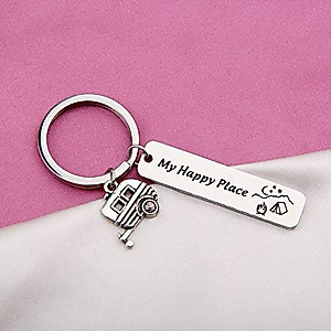 QIIER Camp Keychain My Happy Place Camping Keychain Camp Jewelry RV Camper Gift for Campers, Traveler (Silver)