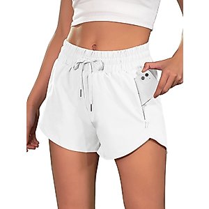 BMJL Women's Running Shorts High Waisted Athletic Shorts Summer Gym Workout Short with Zipper Pockets(S,White)
