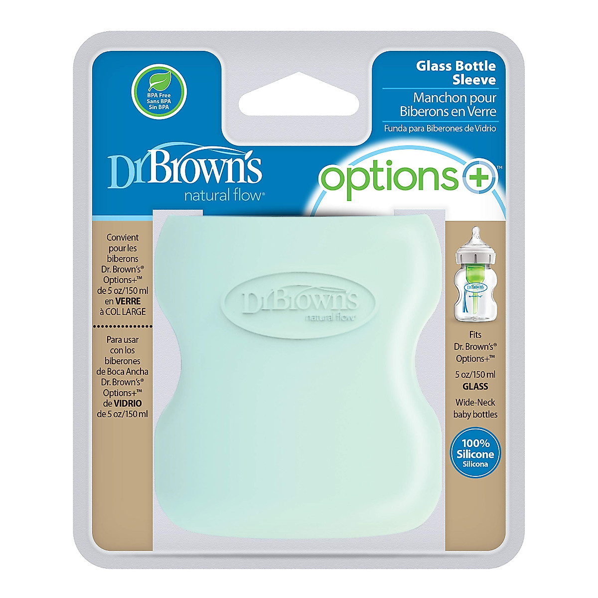 Dr. Brown's Natural Flow Options+ Glass Baby Bottle Sleeves,100% Silicone,5 oz,Wide-Neck,Mint