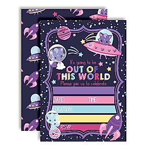 Out Of This World Cute Cats In Space Themed Birthday Party Invitations for Kids, 20 5x7 Fill In Cards with Twenty White Envelopes by AmandaCreation