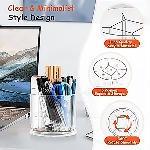 Hiborateed Rotating Pencil Pen Holder for Desk, 5 Slots 360-Degree Spinning Acrylic Desk Pencil Pen Organizer Marker Caddy Crayon Organizer for Office School Home Art Supply