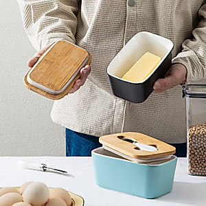 Porcelain Butter Dish with Knife & Wooden Lid, Henten Home Airtight Butter Keeper for Countertop, Large Butter Holder for East West Coast Butter(Matte Black)