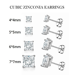 4 Pairs Real Gold Plated Square Stud Earring Set, Princess Cut Clear Cubic Zirconia Hypoallergenic Earrings Pack for Women and Men (4PCS White Earrings Set)