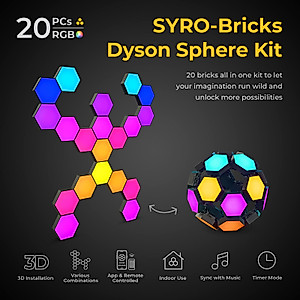 LinkedSparx Syro-Bricks 3D Hexagon Lights, Smart App Control RGB Hexagon LED Lights for Wall or Desktop with Music Sync for Gaming Room Streaming Decor (20Pack)