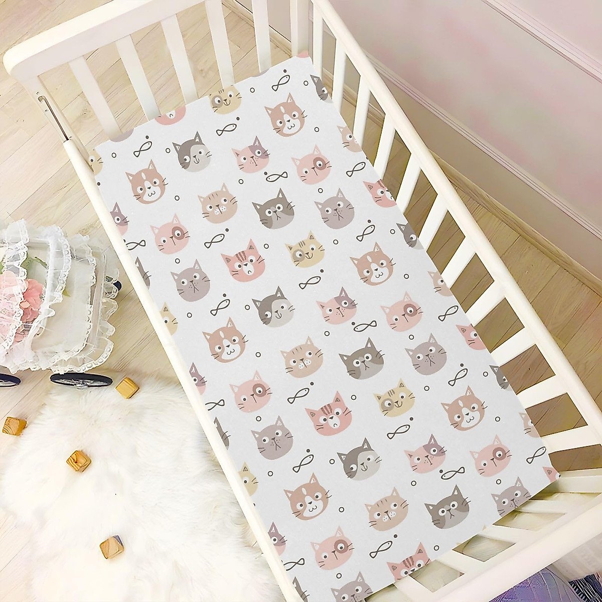 Kigai Cartoon Cat Face Crib Sheets for Boys Girls, Soft and Breathable Pack n Play Sheets, Portable Mini Stretchy Cribs Sheets, 52x28 Inch