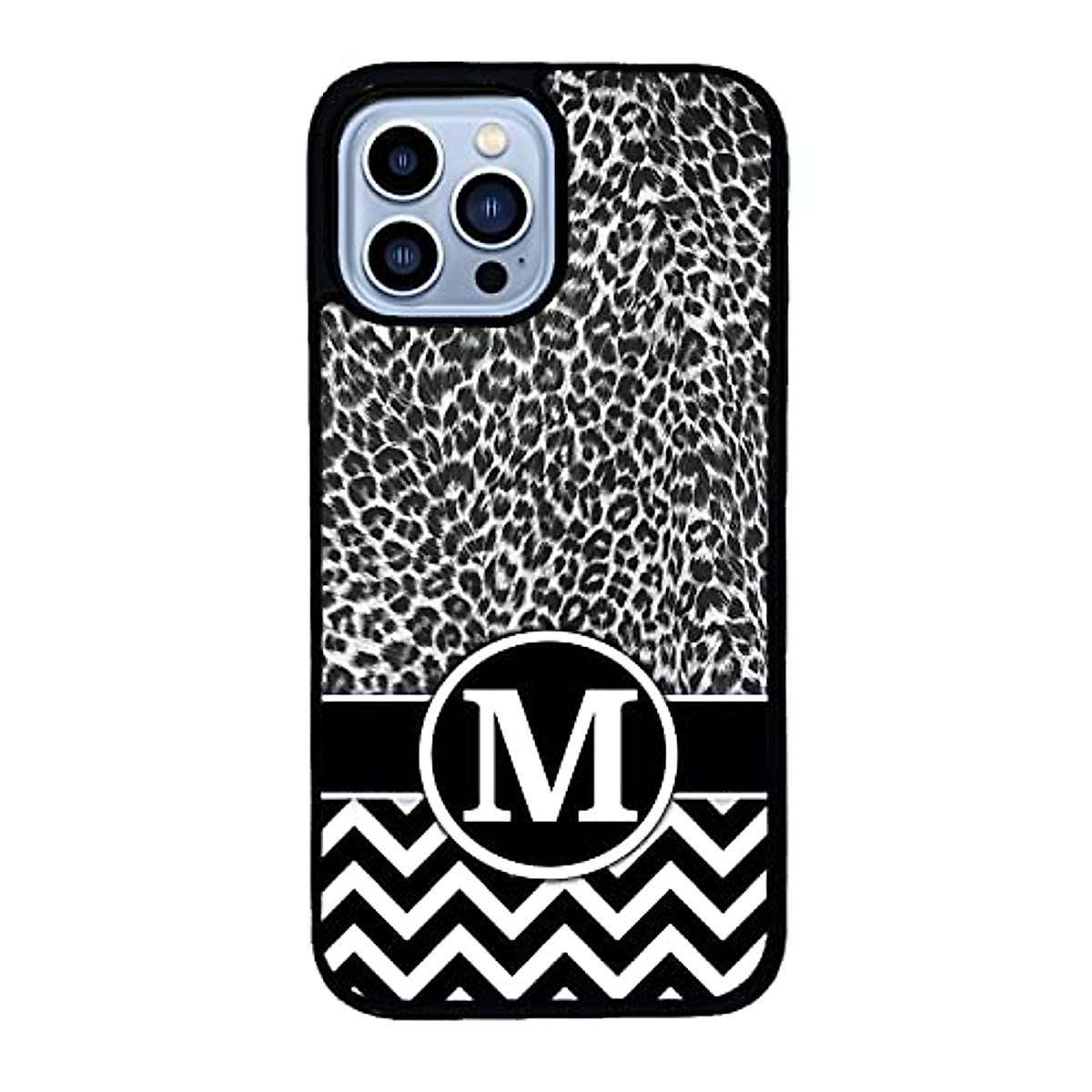 Black White Leopard Chevron Personalized Apple iPhone Black Rubber Phone Case Compatible with iPhone 14 Pro Max, Pro, Max, iPhone 13 Pro Max Mini, 12 Pro Max Mini, 11 Pro Max X XS Max XR 8 7 Plus