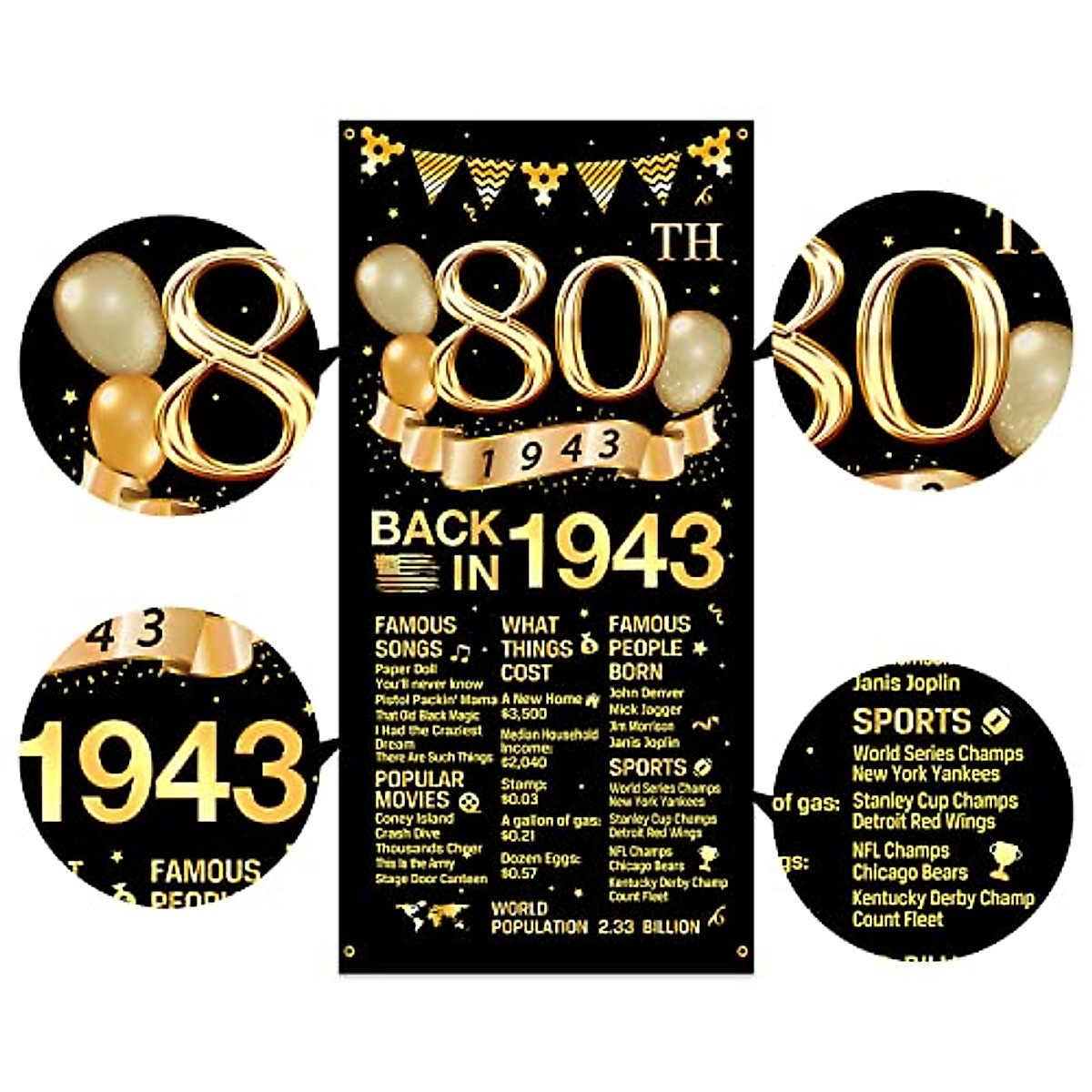 80th Birthday Door Cover Banner Decorations, Black Gold Happy 80th Birthday Door Cover Party Supplies, Large Eighty Year Old Birthday Poster Backdrop Sign Decor